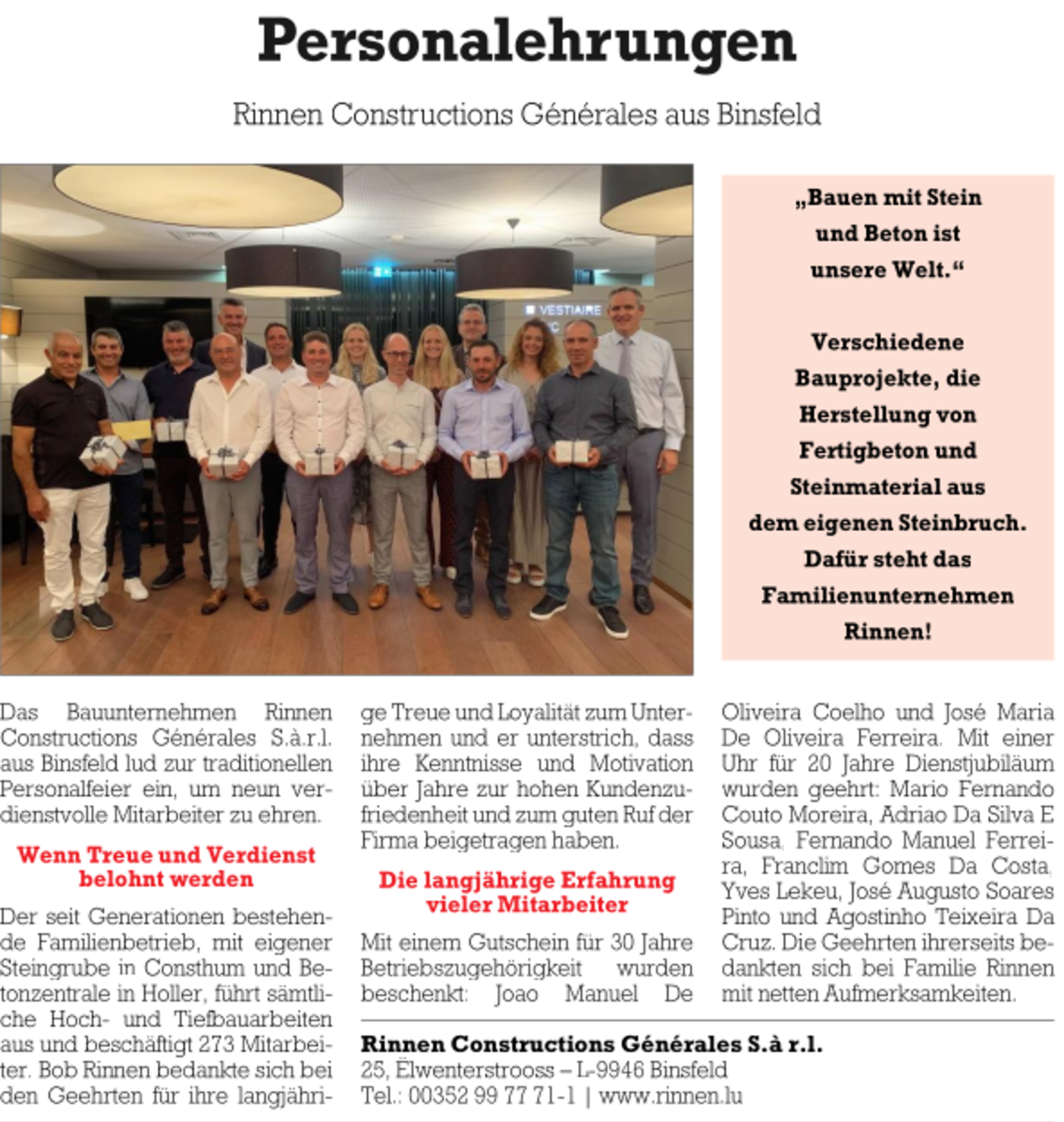Mitarbeiter-Ehrungen - Über uns - Rinnen Constructions